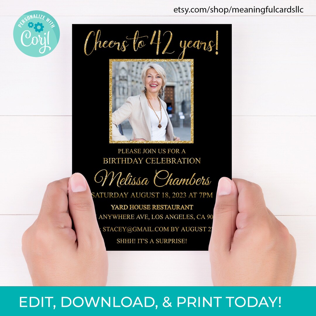 42nd Birthday Invitation With Photo 42nd Invite Black Gold Digital ...