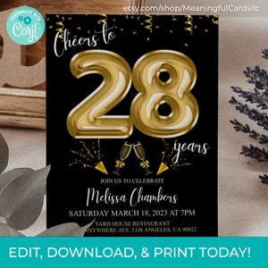 28th Birthday Invitation 28th Invite Black Gold Balloons Invitation ...