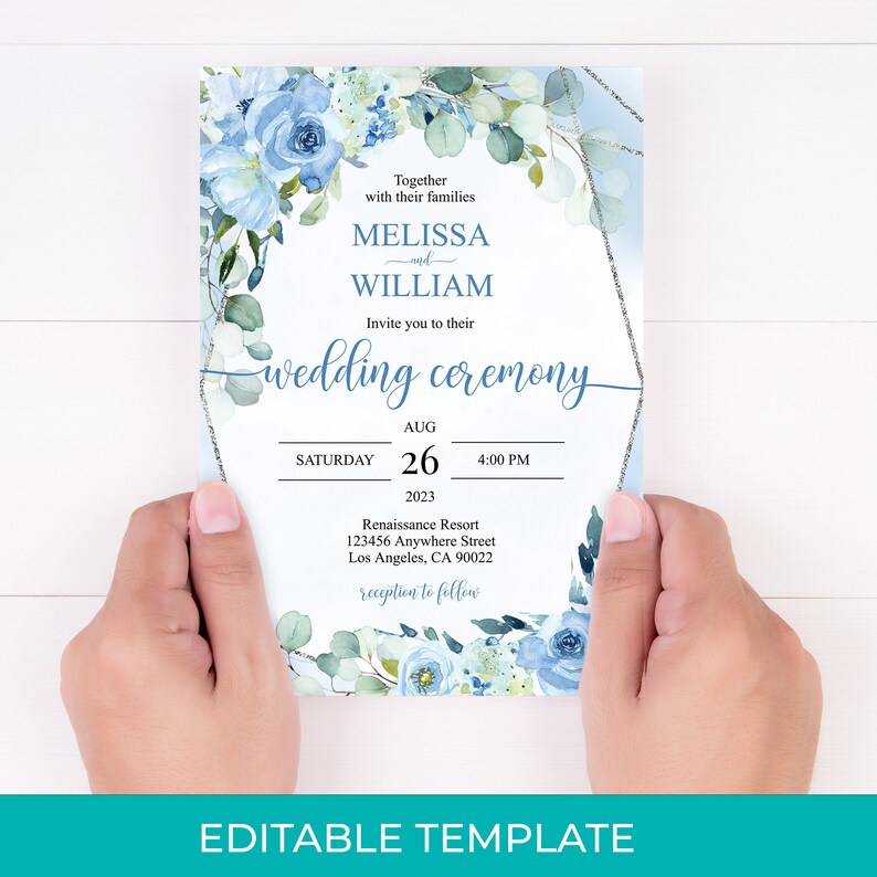 Editable Dusty Blue Wedding Invitation Template Set Blue - Etsy