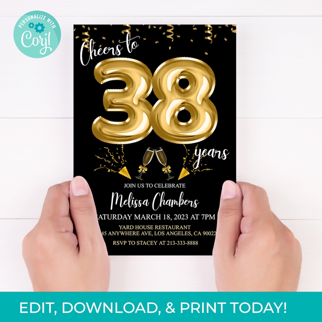 38th Birthday Invitation 38th Invite Black Gold Balloons Invitation ...