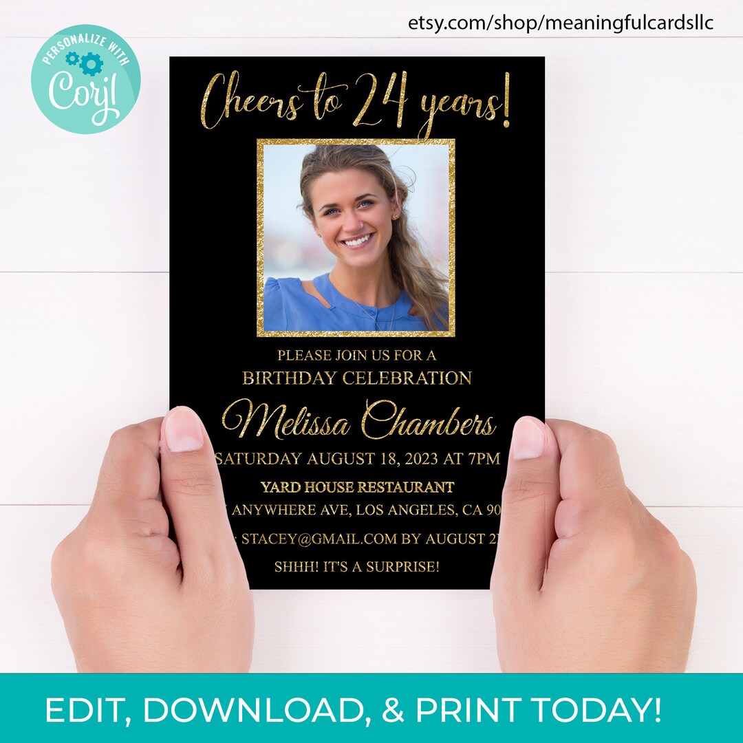 24th Birthday Invitation With Photo 24th Invite Black Gold Digital ...