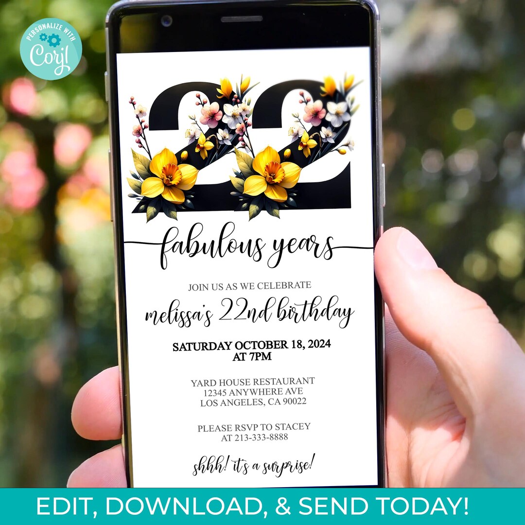 Editable 22nd Birthday Invitation Template, DIY 22nd Birthday Party ...