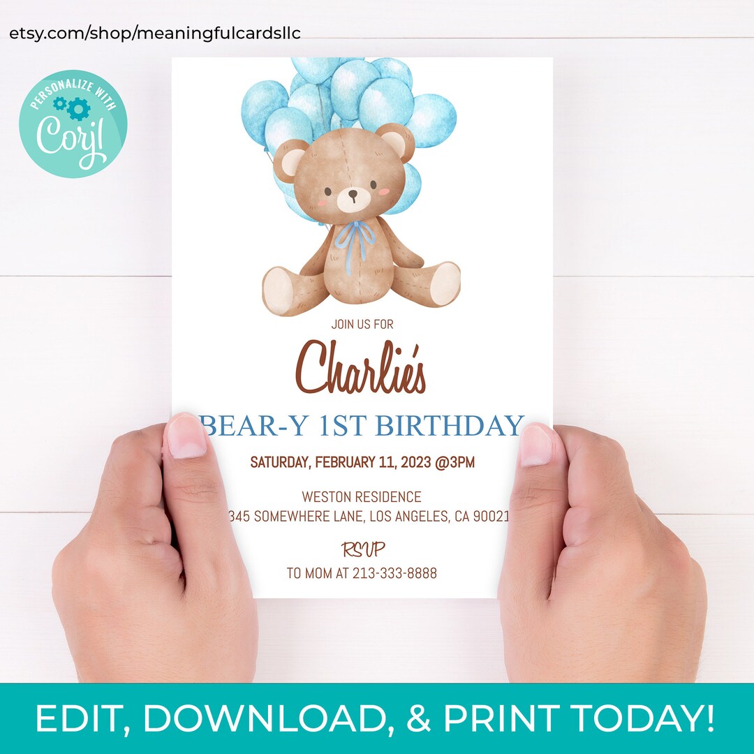 Editable Baby Bear Birthday Invitation, Bear-y First Birthday, Bear 1st ...