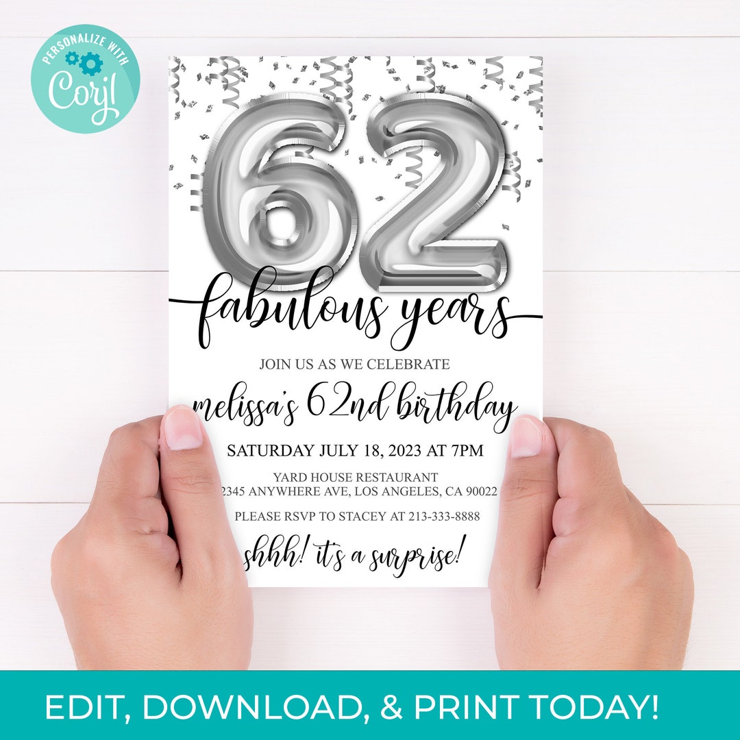62nd Birthday Editable Invitation 62nd Invite Silver Balloons Party ...