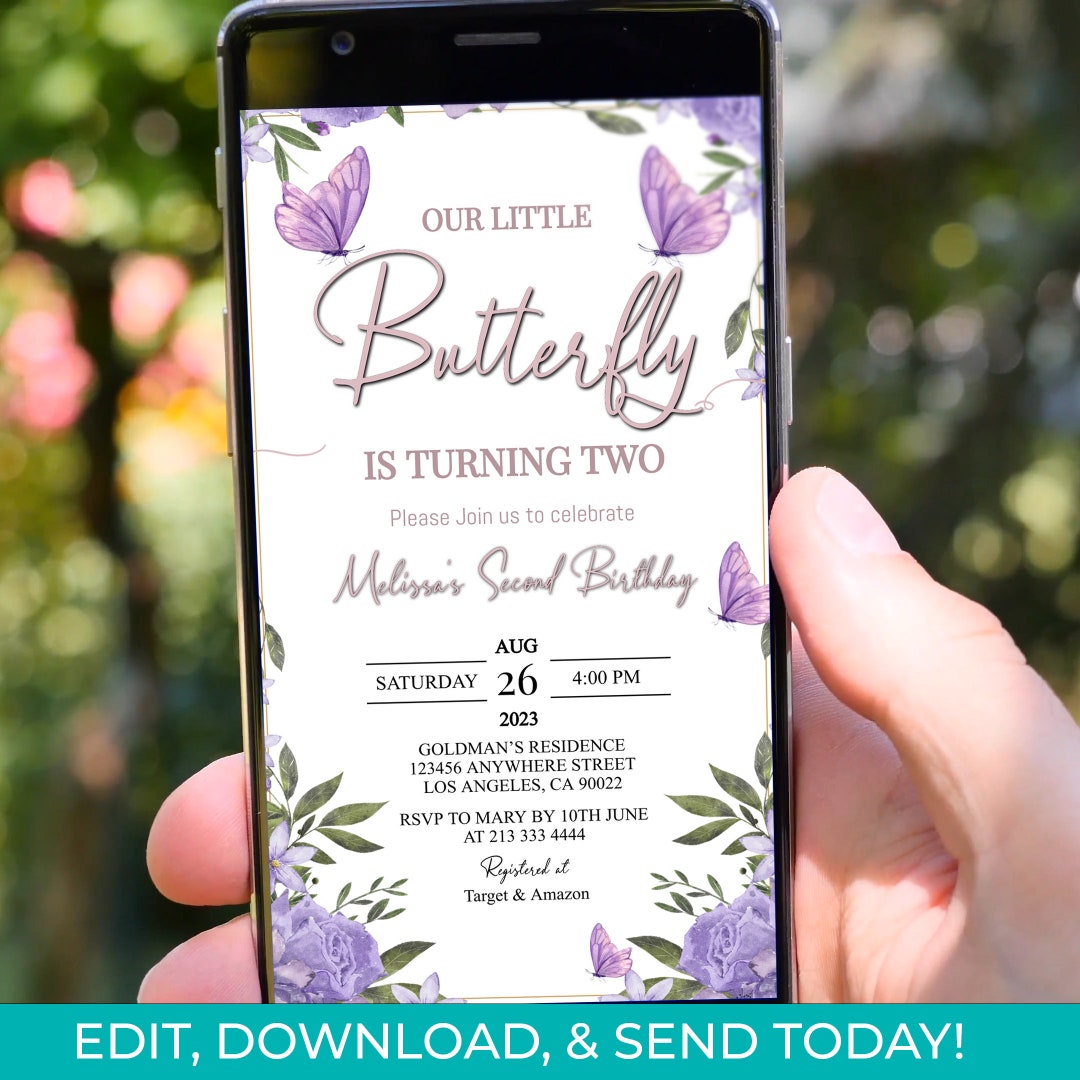 Editable Butterfly Birthday Digital Invitation Template, Electronic ...