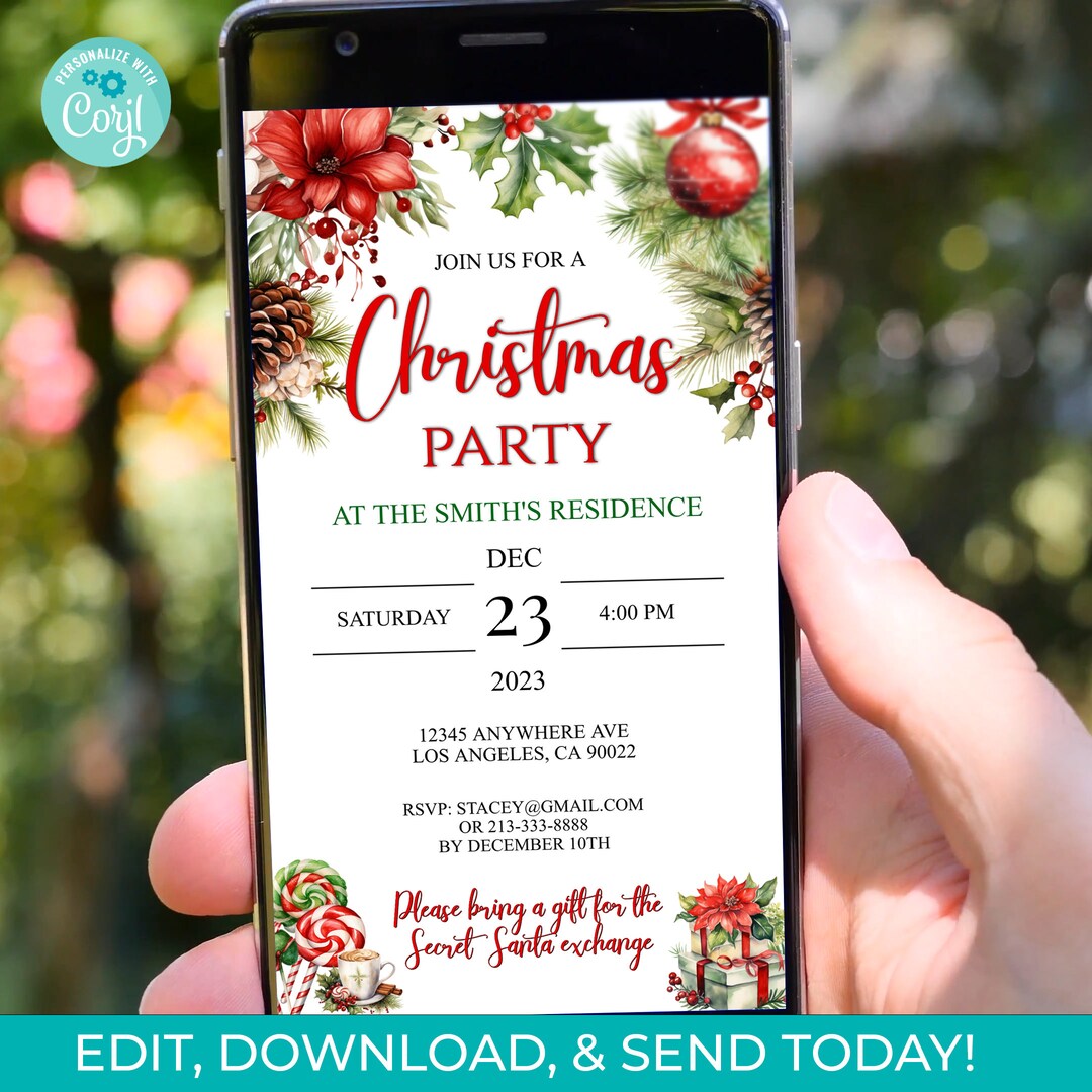 Editable Christmas Party Floral Digital Invitation, Christmas Party ...