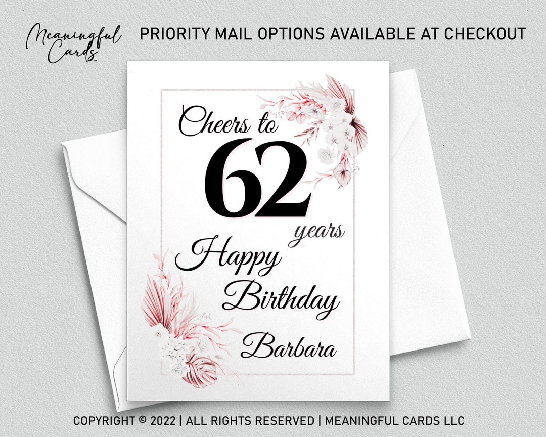 62nd Birthday Card Personalized Birthday Card, Cheers to 62 Years ...