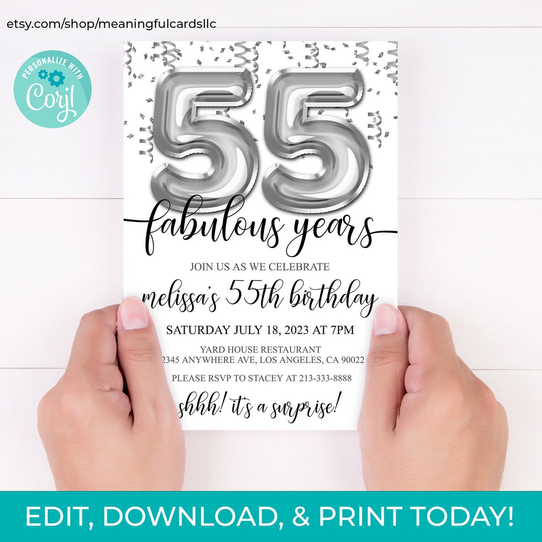55th Birthday Editable Invitation 55th Invite Silver Balloons Party ...
