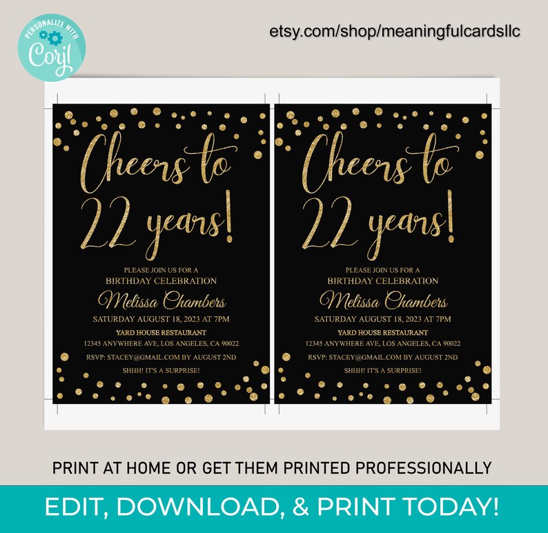 Black and Gold 22nd Birthday Invitation, Glitter Printable (digital ...