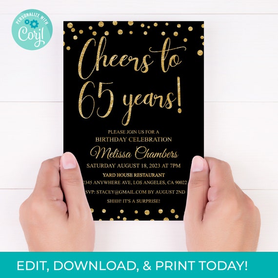 65th Birthday Invitation Black Gold 65 Years Anniversary Celebration