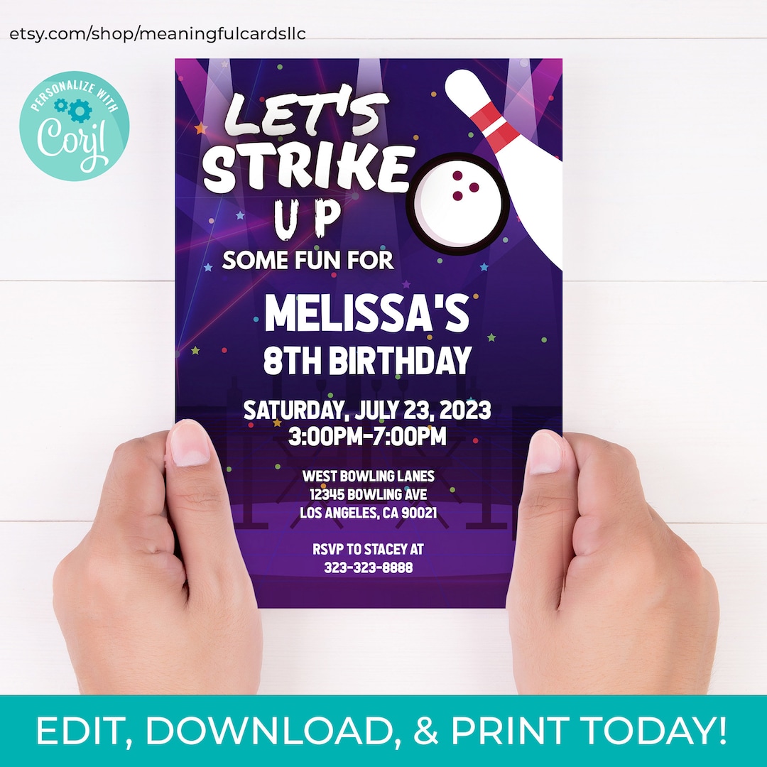 Editable Bowling Birthday Invitation Purple Bowling Party Strike Kids ...