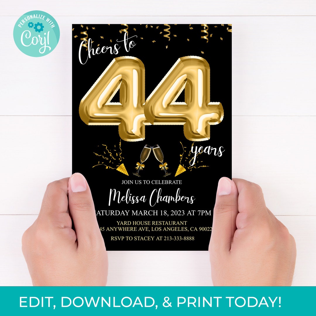 44th Birthday Invitation 44th Invite Black Gold Balloons Invitation ...