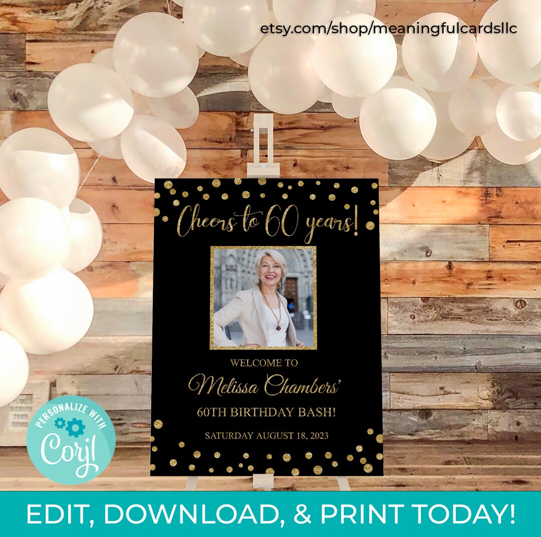 Editable Birthday Party Welcome Sign Digital Download, Black Gold ...