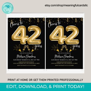 42nd Birthday Invitation 42nd Invite Black Gold Balloons Invitation ...
