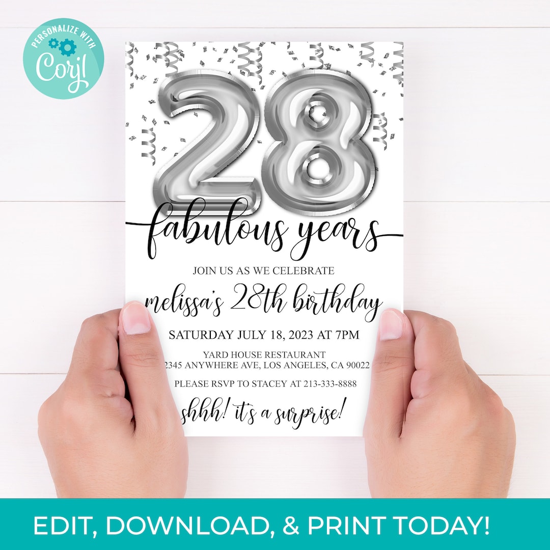 28th Birthday Editable Invitation 28th Invite Silver Balloons Party ...