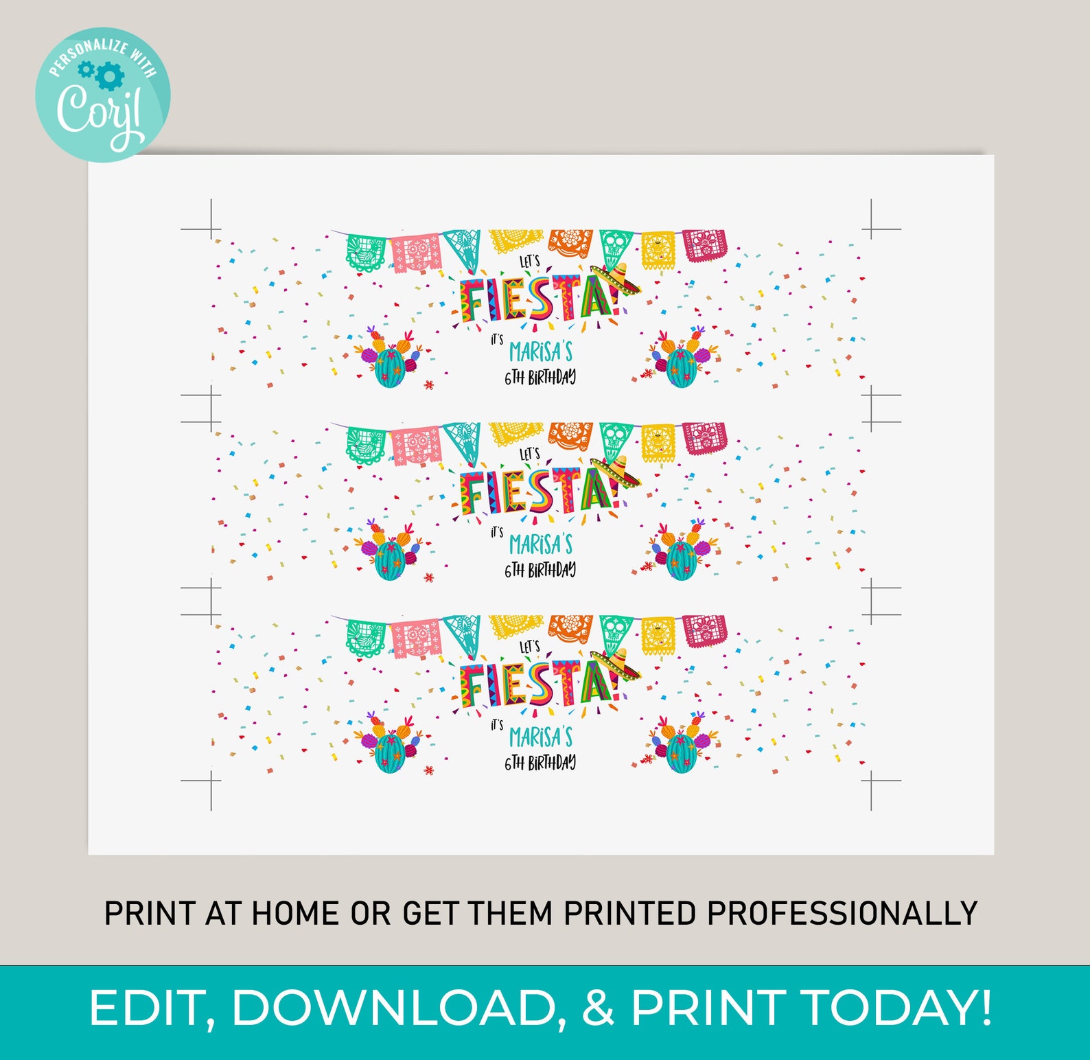 Editable Fiesta Water Bottle Labels Mexican Birthday Party Cactus ...