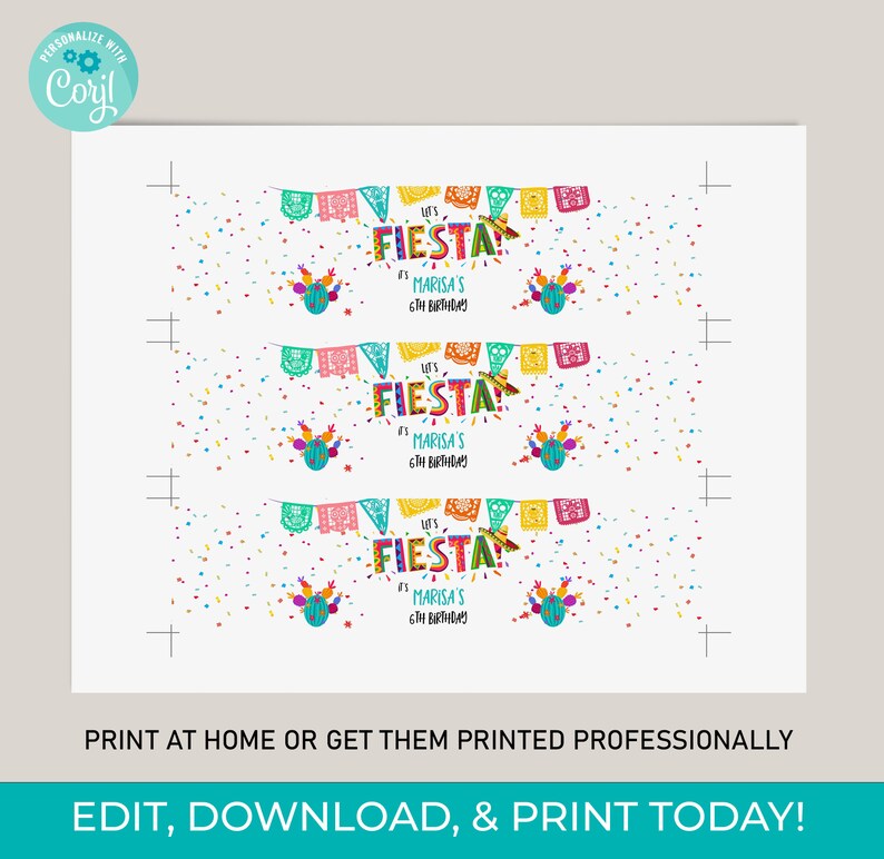 Editable Fiesta Water Bottle Labels Mexican Birthday Party Cactus ...