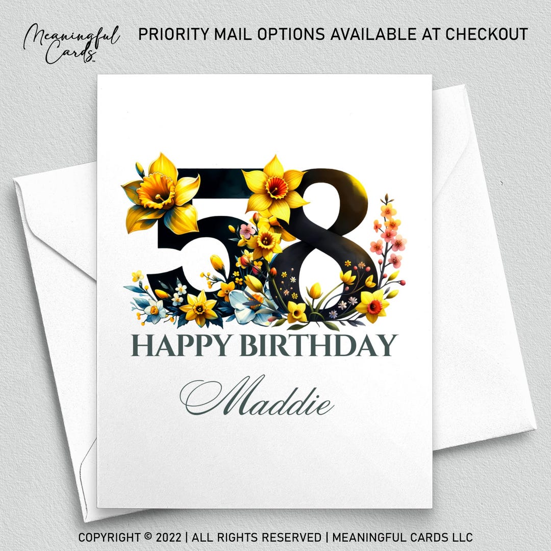 Personalized 58th Birthday Card Floral Design, Customized Fifty Eighth ...