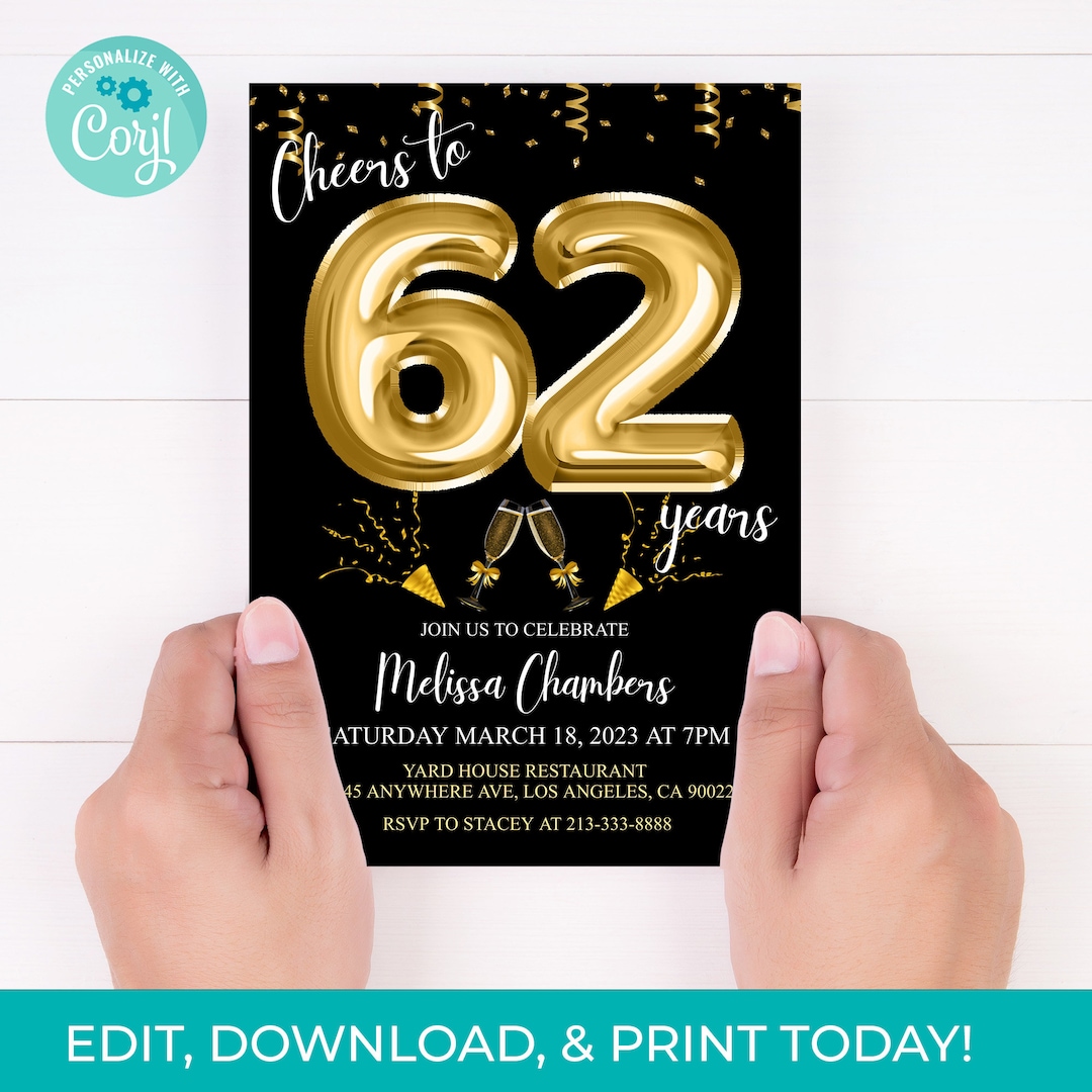 62nd Birthday Invitation 62nd Invite Black Gold Balloons Invitation ...
