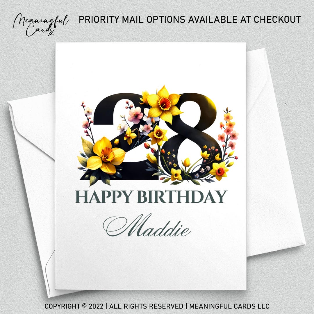 Personalized 28th Birthday Card Floral Design, Customized Twenty Eighth ...