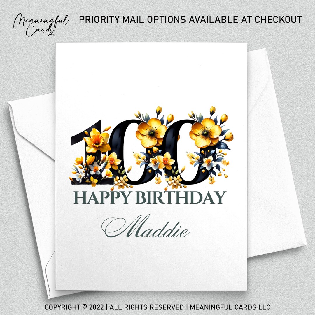 Personalized 100th Birthday Card Floral Design, Customized One ...