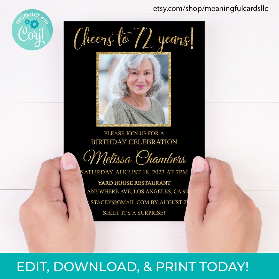 72nd Birthday Invitation, Black and Gold, Photo Template (digital ...