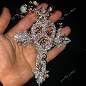 Luxury Iced Cross Pendant Roses on Cross Charm Religious - Etsy