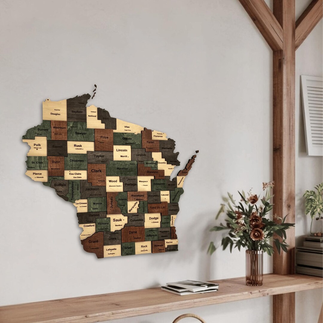 3D Wooden Wisconsin Map Wall Art – Rustic Badger State Decor for Home ...