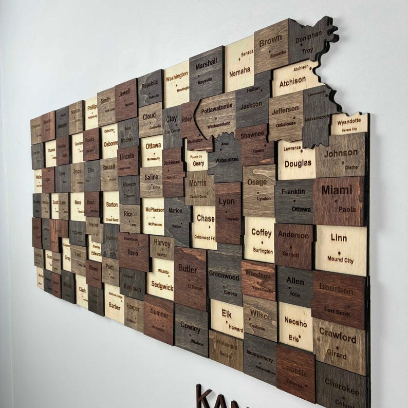 3D Wooden Kansas Map Wall Art – Rustic Sunflower State Decor for Home ...