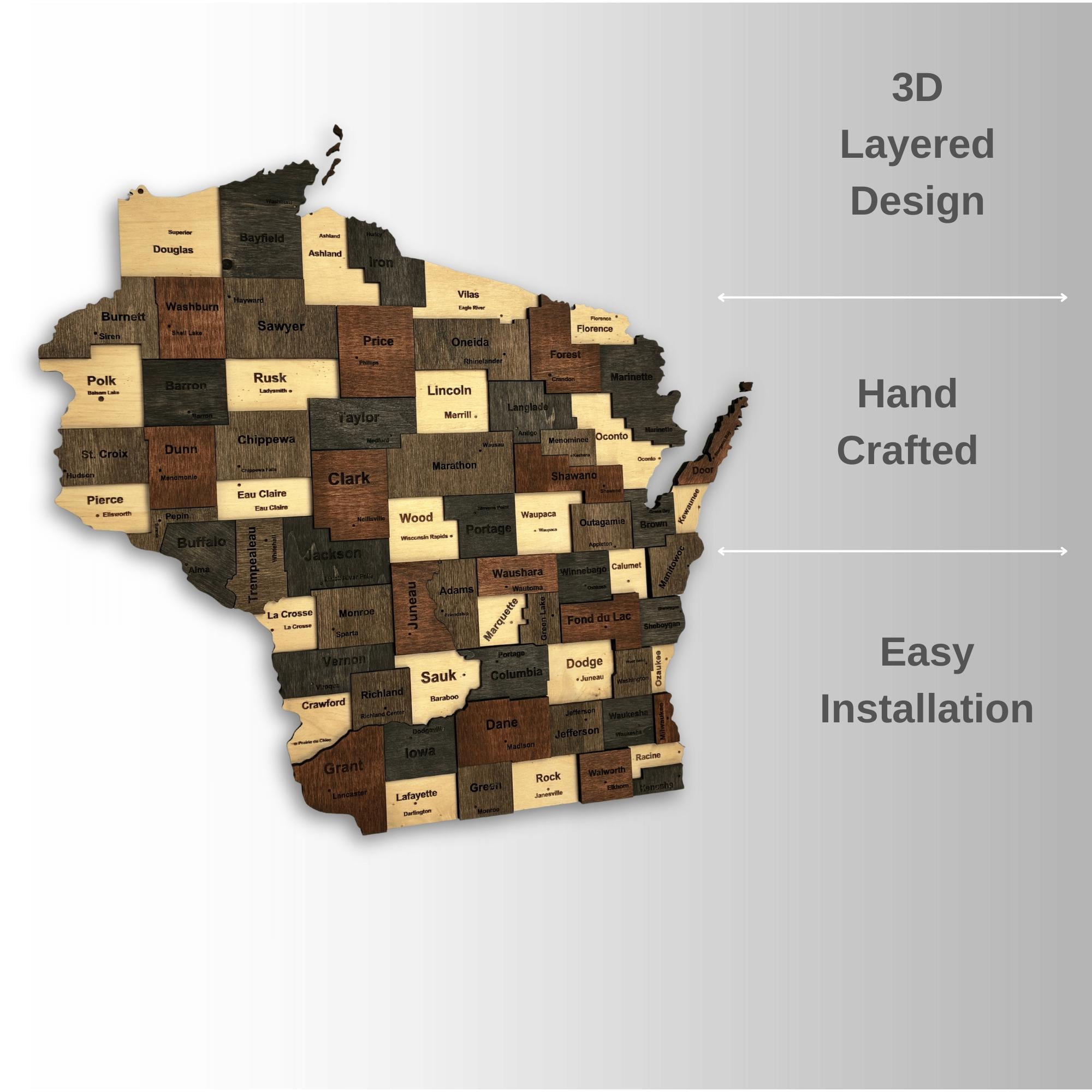 3D Wooden Wisconsin Map Wall Art – Rustic Badger State Decor for Home ...
