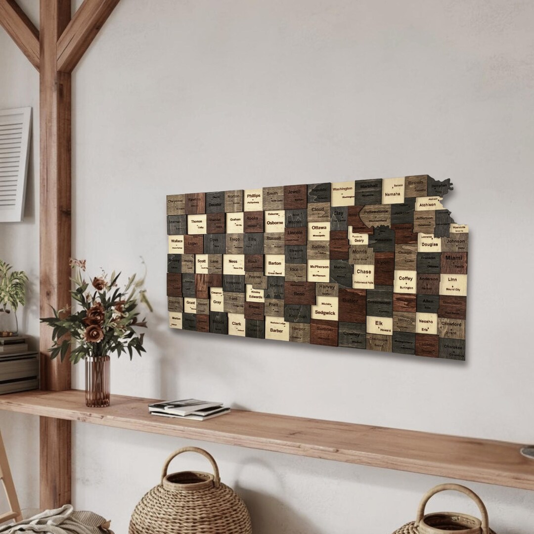 3D Wooden Kansas Map Wall Art – Rustic Sunflower State Decor for Home ...