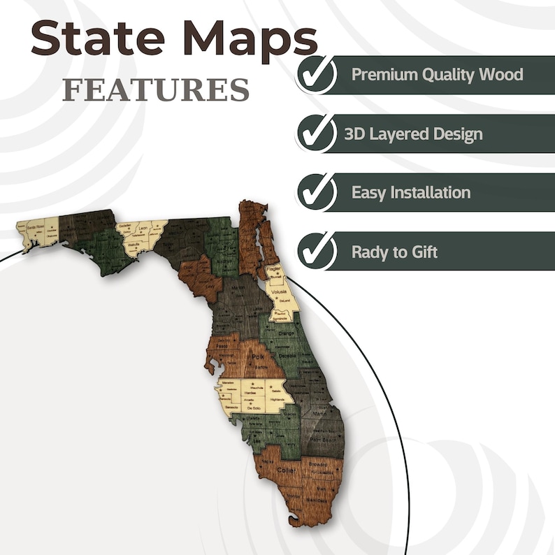 3D Wooden Florida Map Wall Art – Rustic Sunshine State Decor for Home ...