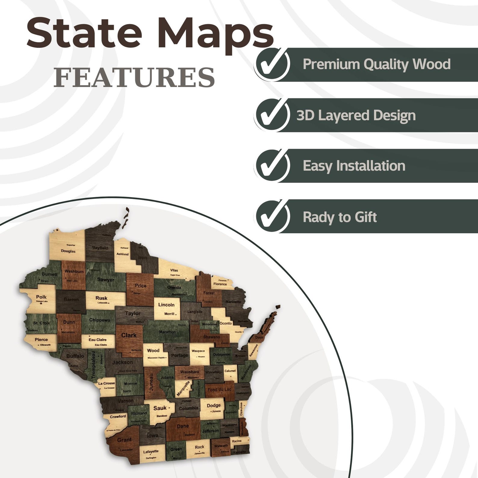 3D Wooden Wisconsin Map Wall Art – Rustic Badger State Decor for Home ...