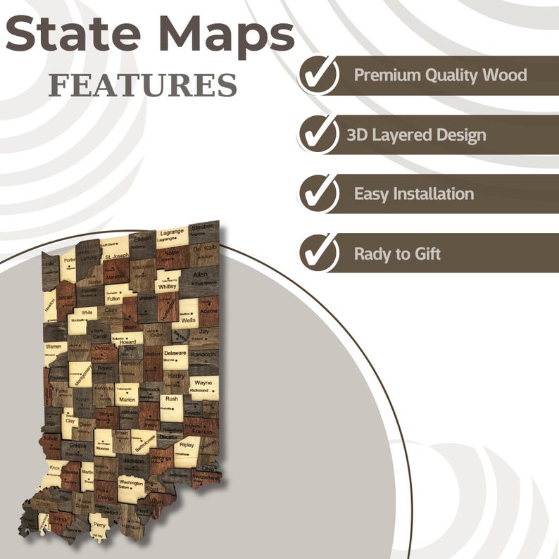 3D Wooden Indiana Map Wall Art – Rustic Hoosier State Decor for Home ...