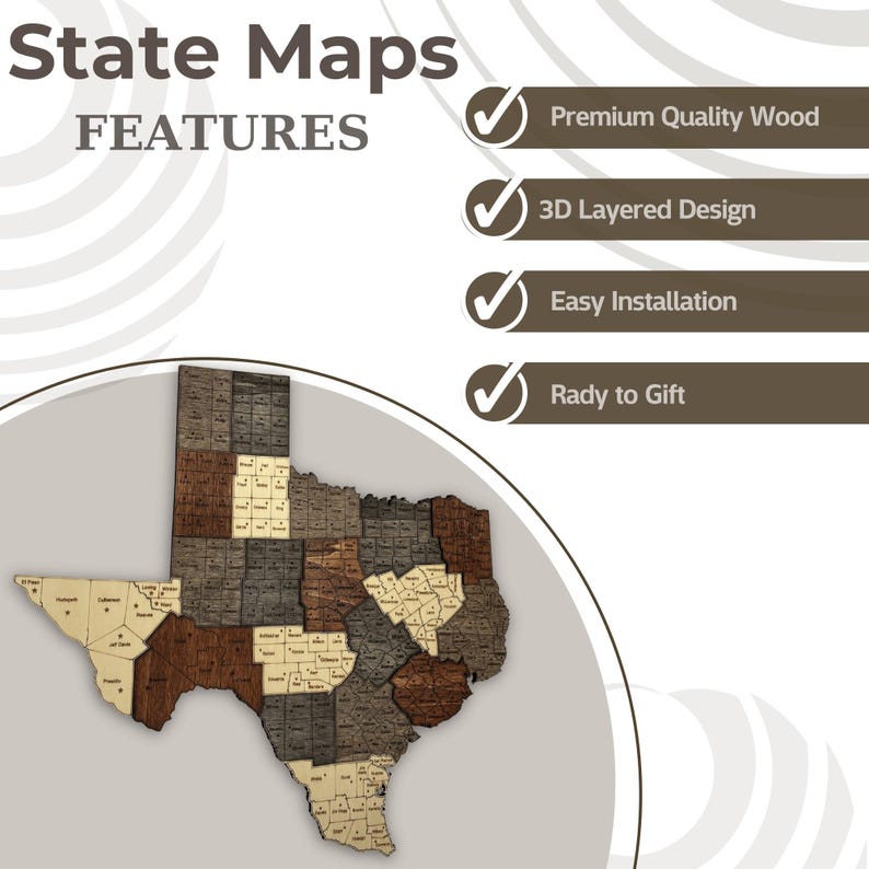 3D Wooden Texas Map Wall Art – Grouped Counties Edition | Rustic Lone ...