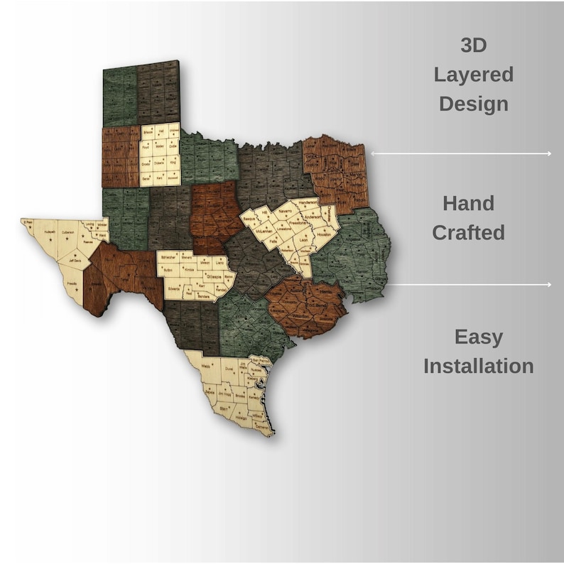 3D Wooden Texas Map Wall Art – Grouped Counties Edition | Rustic Lone ...
