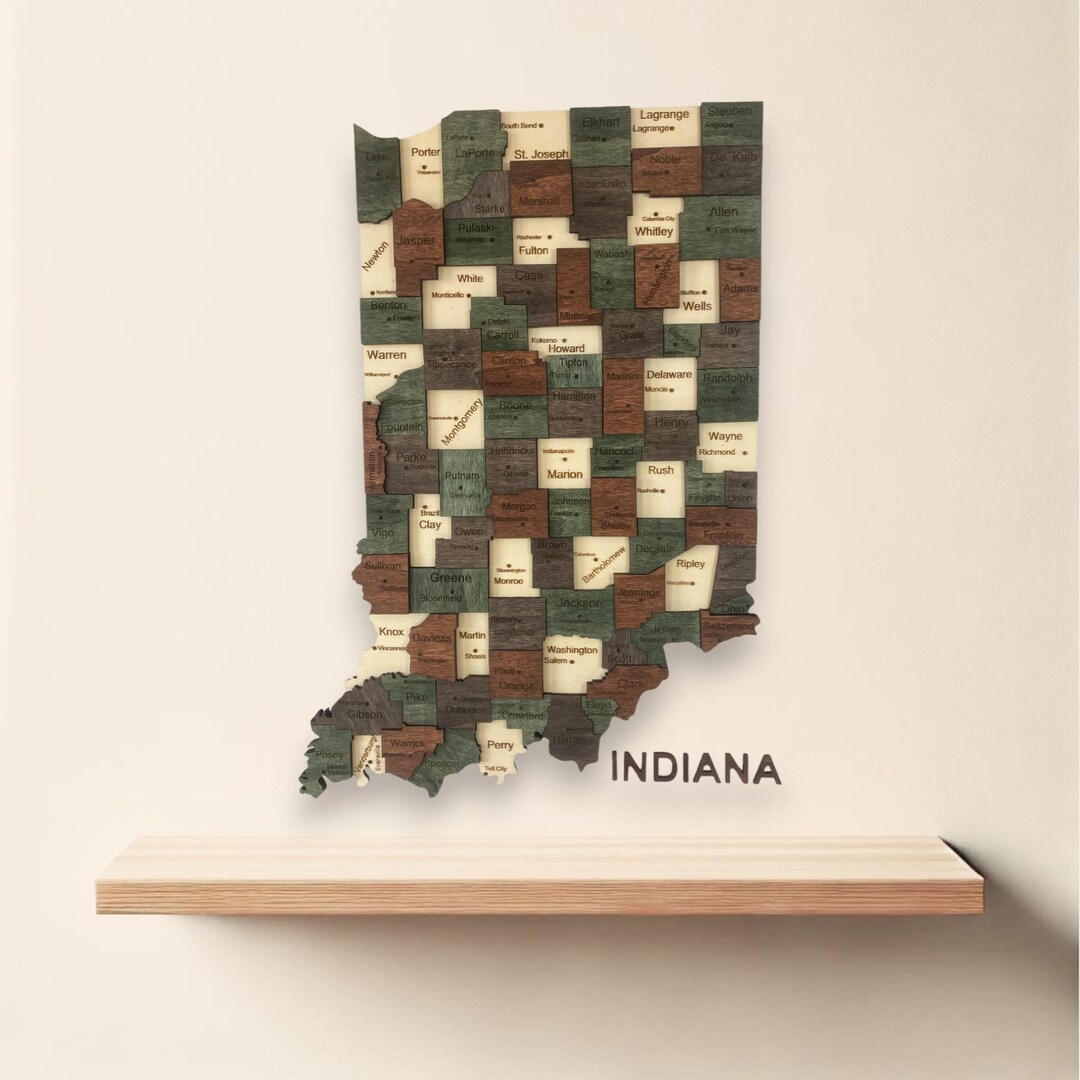 3D Wooden Indiana Map - 3D Indiana Rustic Wall Art - Wooden Indiana ...