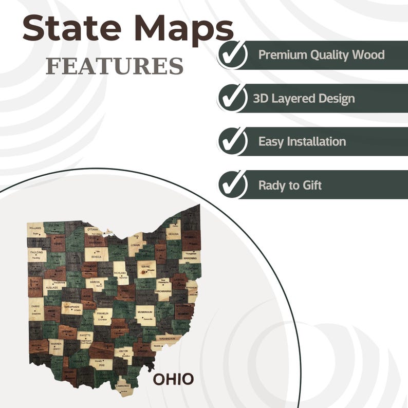 3D Wooden Ohio Map Wall Art – Rustic Buckeye State Decor for Home ...