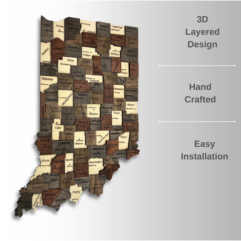 3D Wooden Indiana Map Wall Art – Rustic Hoosier State Decor for Home ...