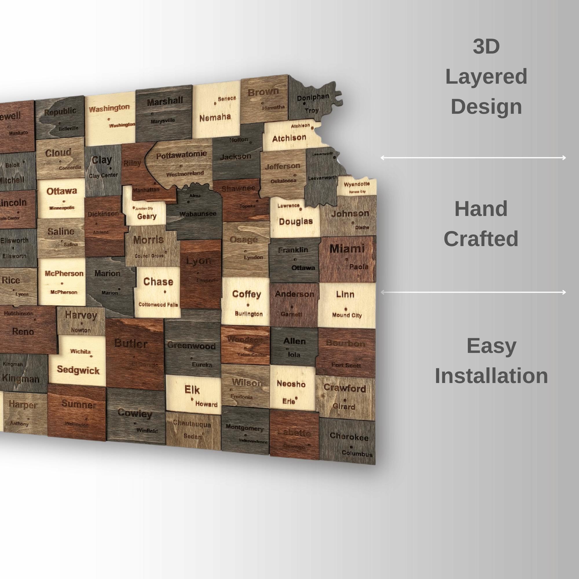 3D Wooden Kansas Map Wall Art – Rustic Sunflower State Decor for Home ...