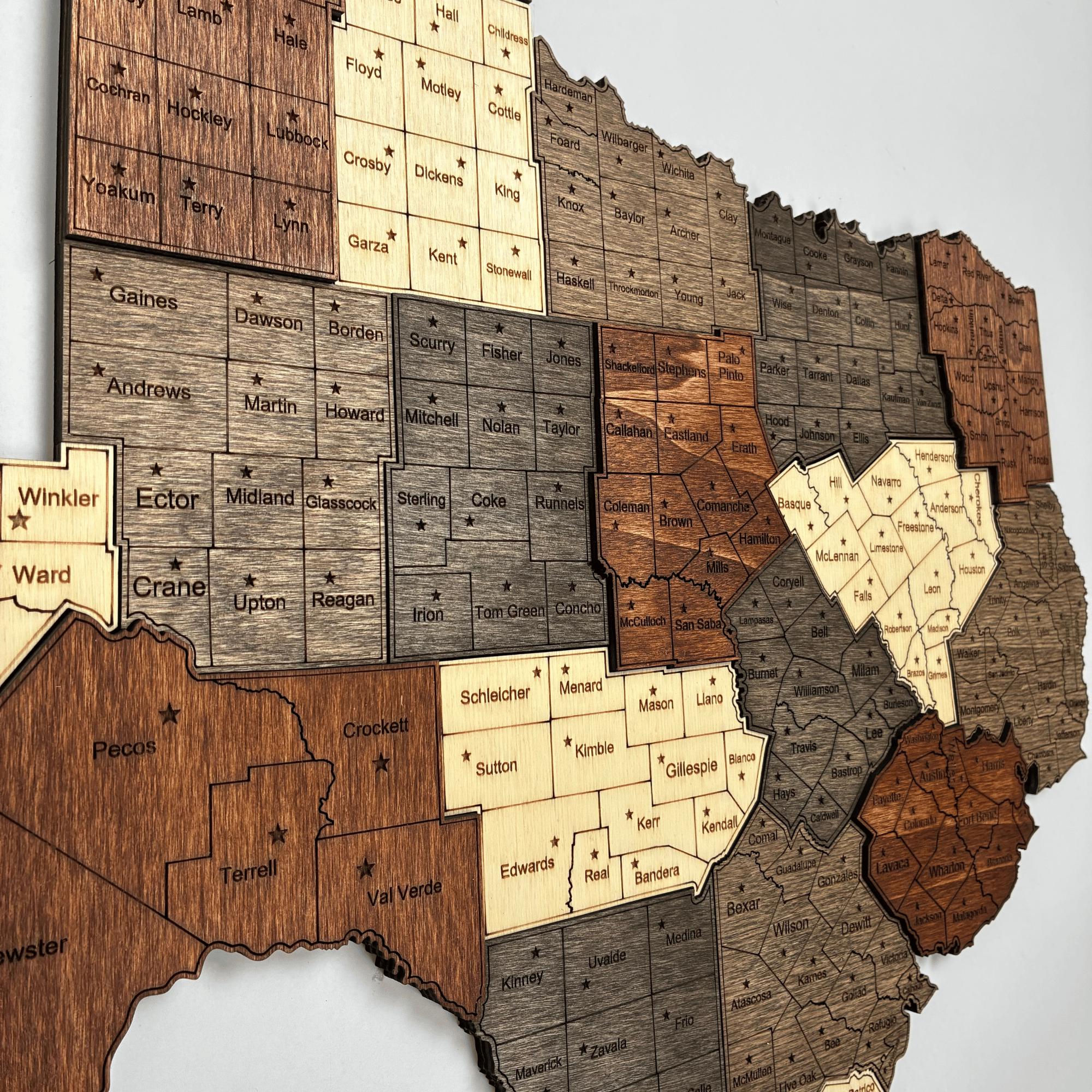 3D Wooden Texas Map Wall Art – Grouped Counties Edition | Rustic Lone ...