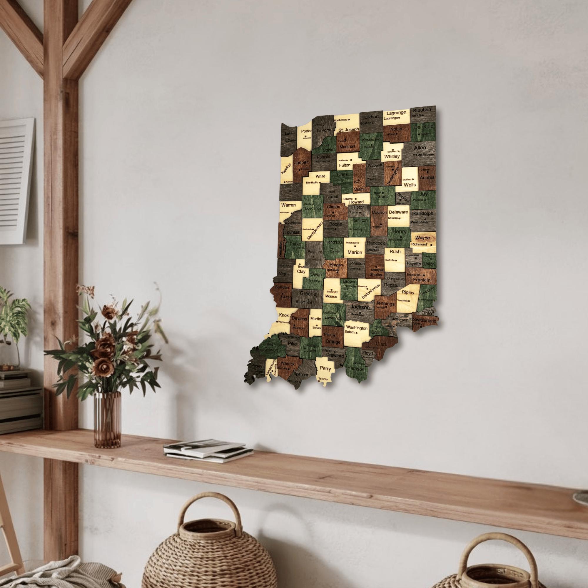3D Wooden Indiana Map Wall Art – Rustic Hoosier State Decor for Home ...