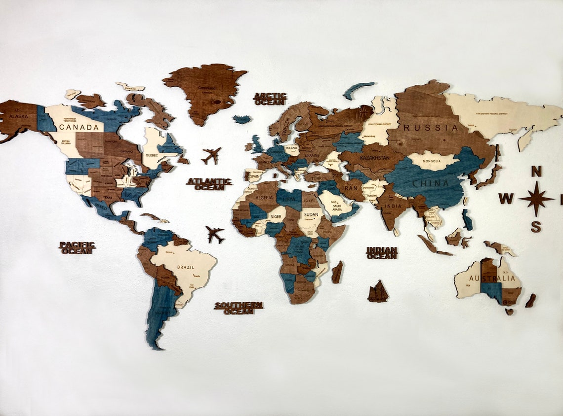 Wooden World Map, 3D Wall Map, Wooden Wall Decoration, Christmas Gift ...