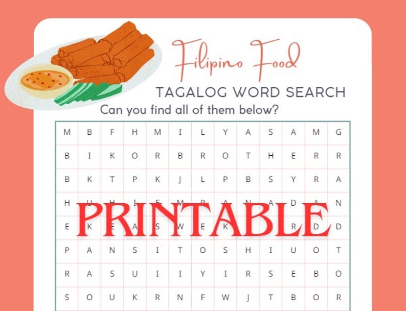 Filipino Food Word Search: Tagalog Vocabulary Puzzle (printable) - Etsy