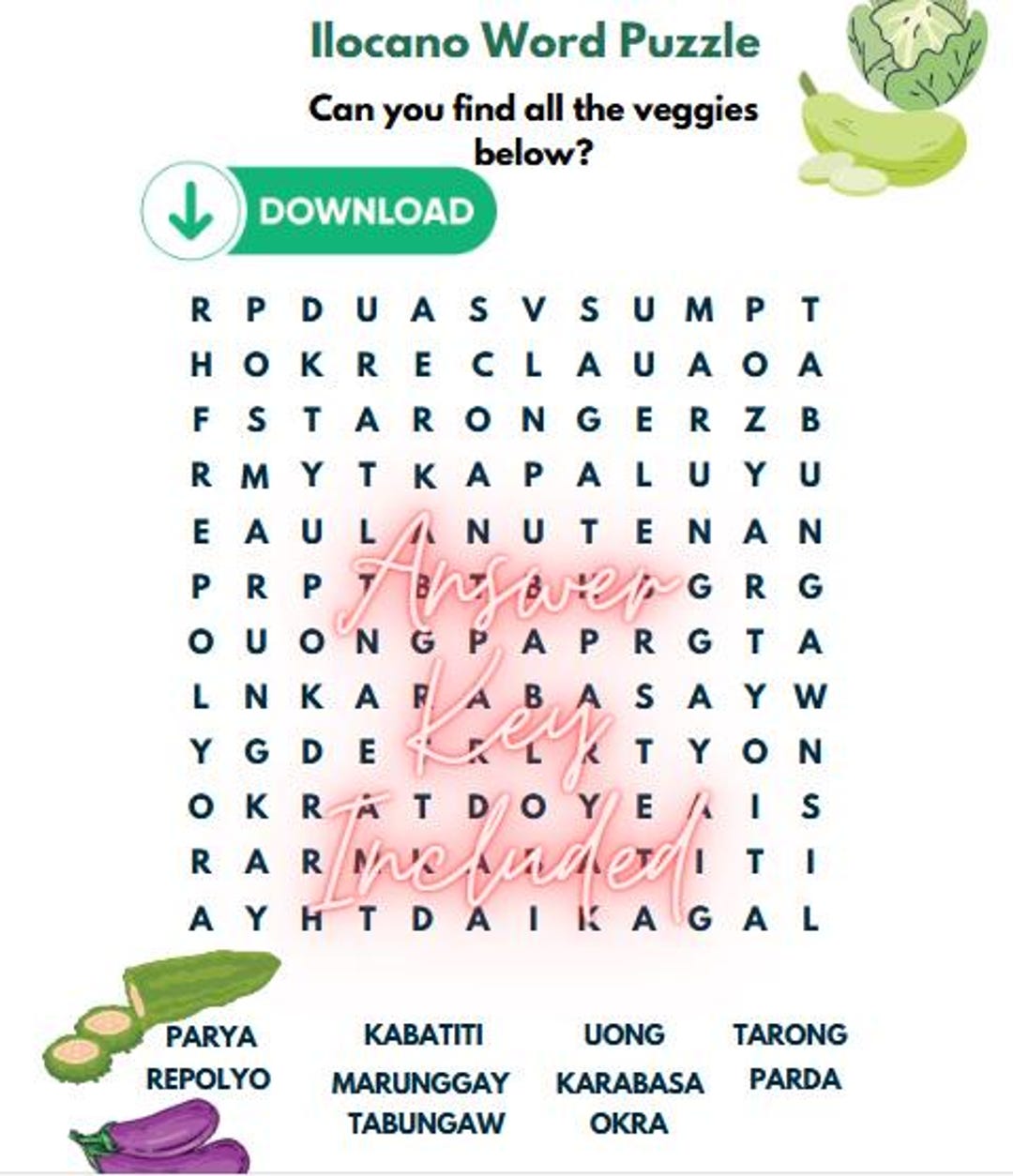 Ilocano Word Search Puzzle Download Only, Printable Ilokano Learning ...