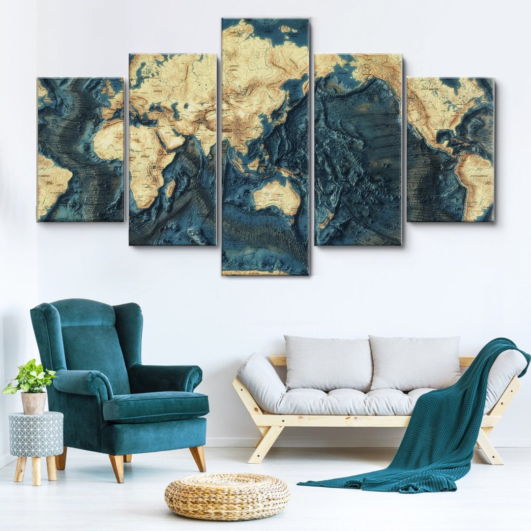 The Floor of Ocean Map World Map Seabed 5 Pieces Canvas Wall - Etsy Canada