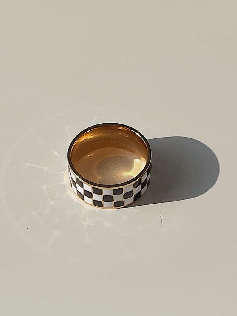 18K Gold Checkered Ring Enamel Ring Wide Checkered Band - Etsy