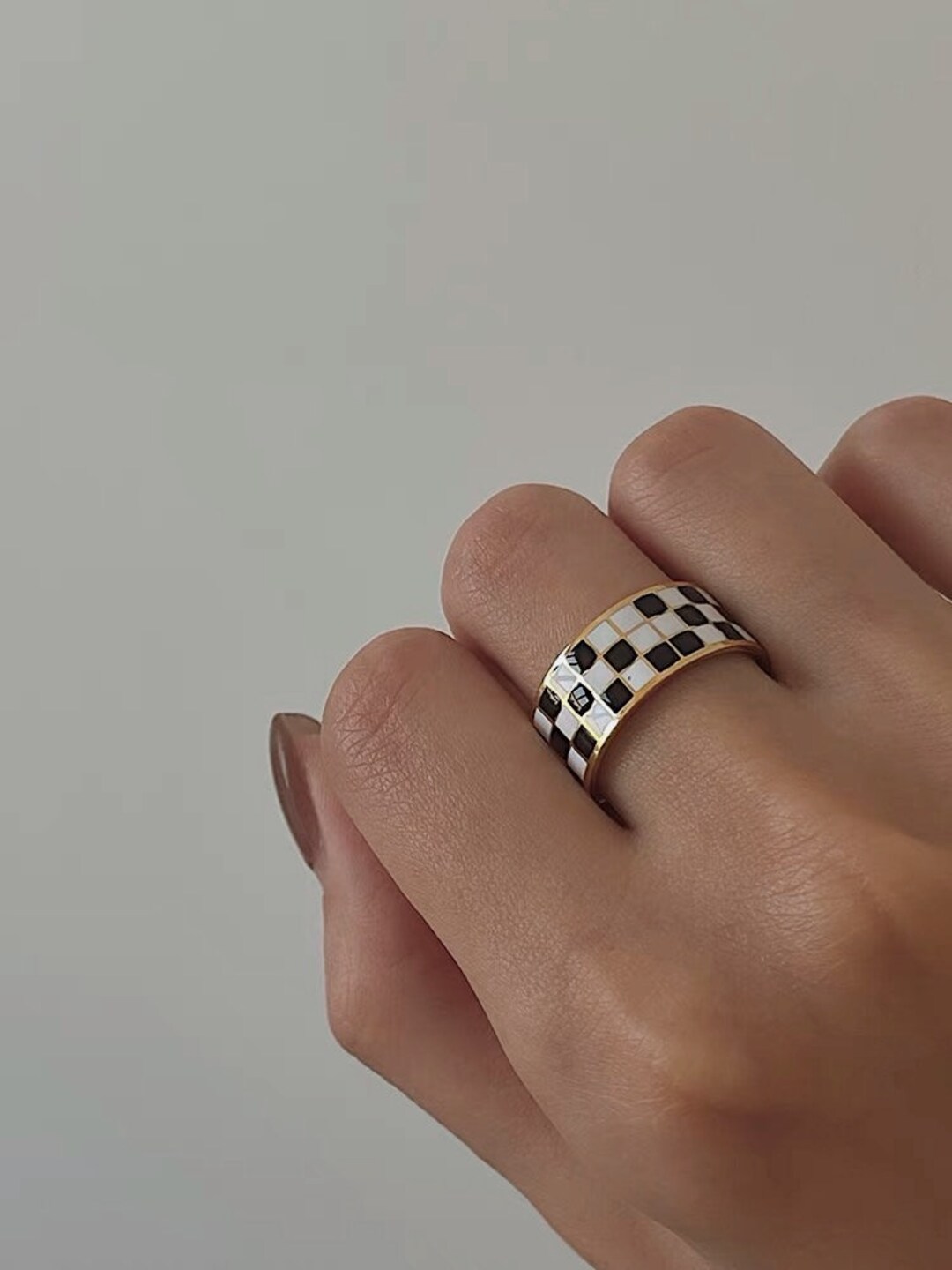 18K Gold Checkered Ring Enamel Ring Wide Checkered Band - Etsy