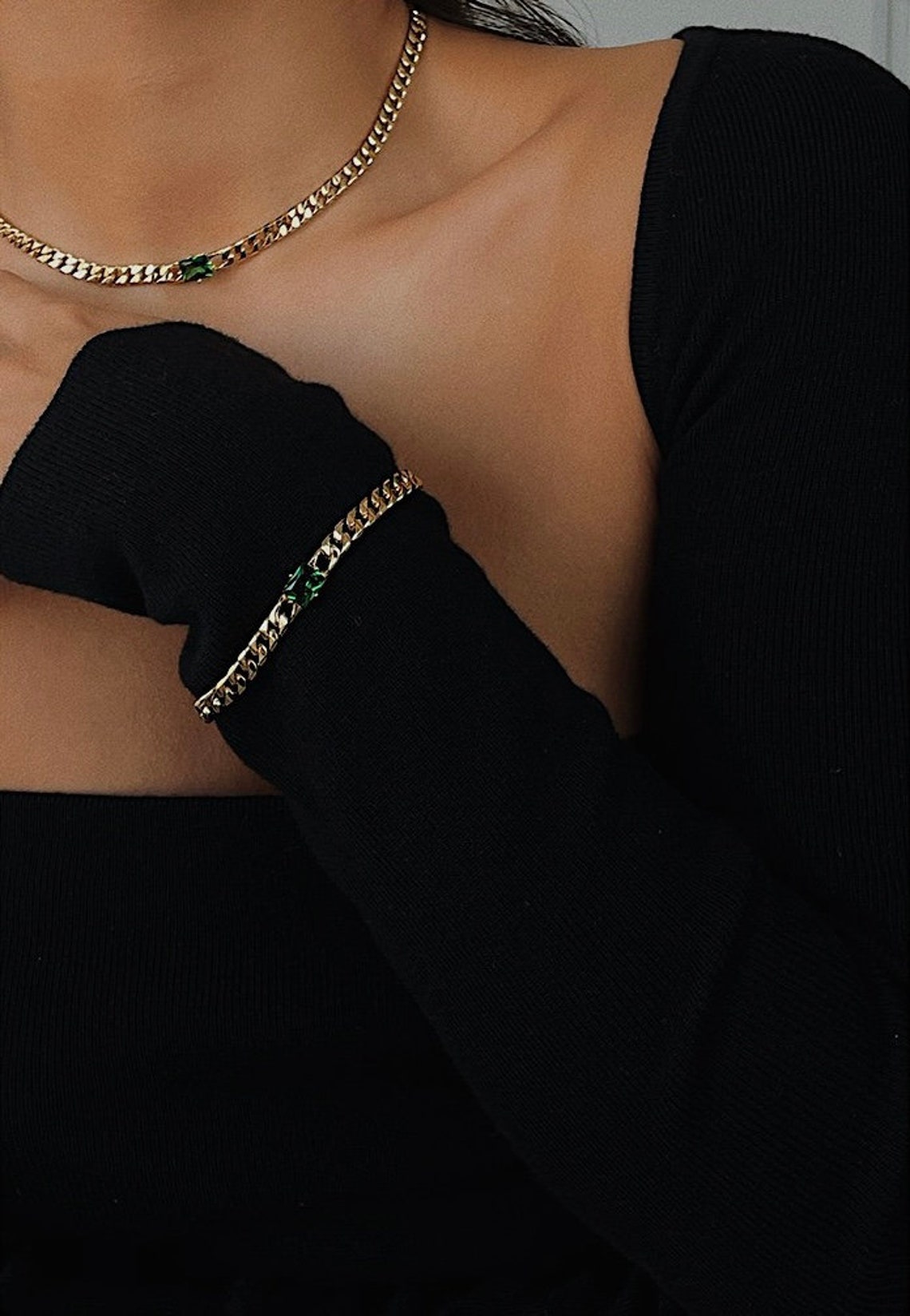 18K Gold Emerald Green Rectangle Pendant Necklace Green CZ - Etsy