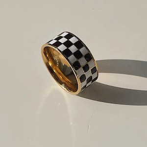 18K Gold Checkered Ring Enamel Ring Wide Checkered Band - Etsy